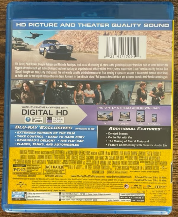 Fast & The Furious 6 Extended Ed Blu-Ray DVD Movie Vin Diesel Paul ...