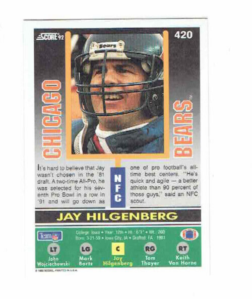 Jay Hilgenberg Chicago Bears Center #420 Score 1992 Football Card | eBay