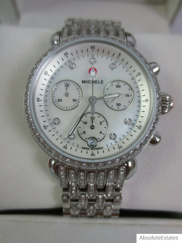 NEW Michele Silver Diamond CSX 36 MOP Watch + Pave Diamond Band ...