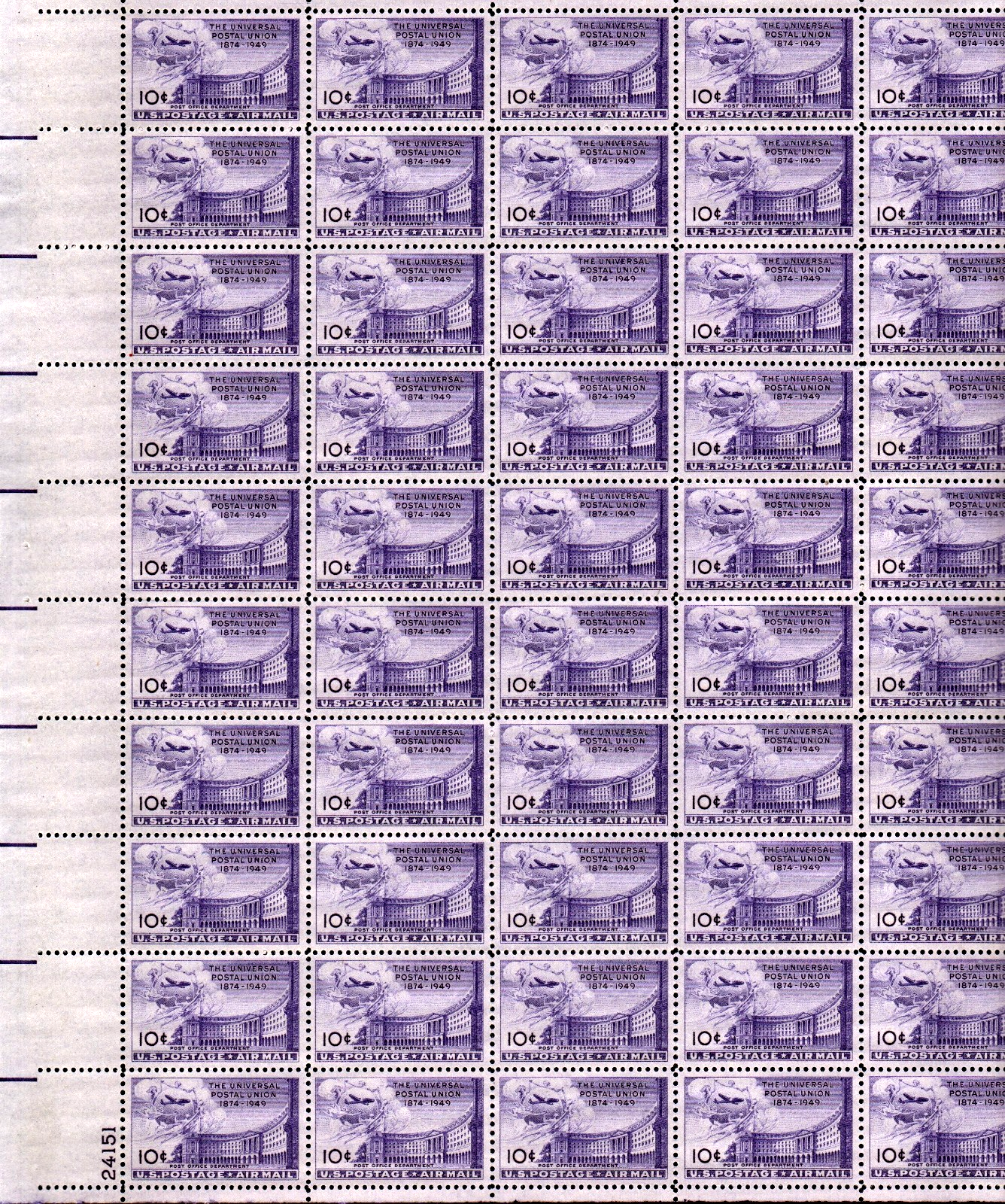 U.S. #C-42 MHN, UNIVERSAL POSTAL UNION-AIR MAIL SHEET, 50X10 Cent, $5. ...