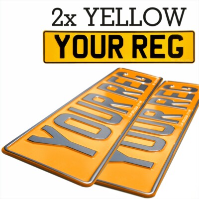 2x YELLOW two 3D PRESSED METAL ALUMINIUM NUMBER PLATES Registration VAN ...