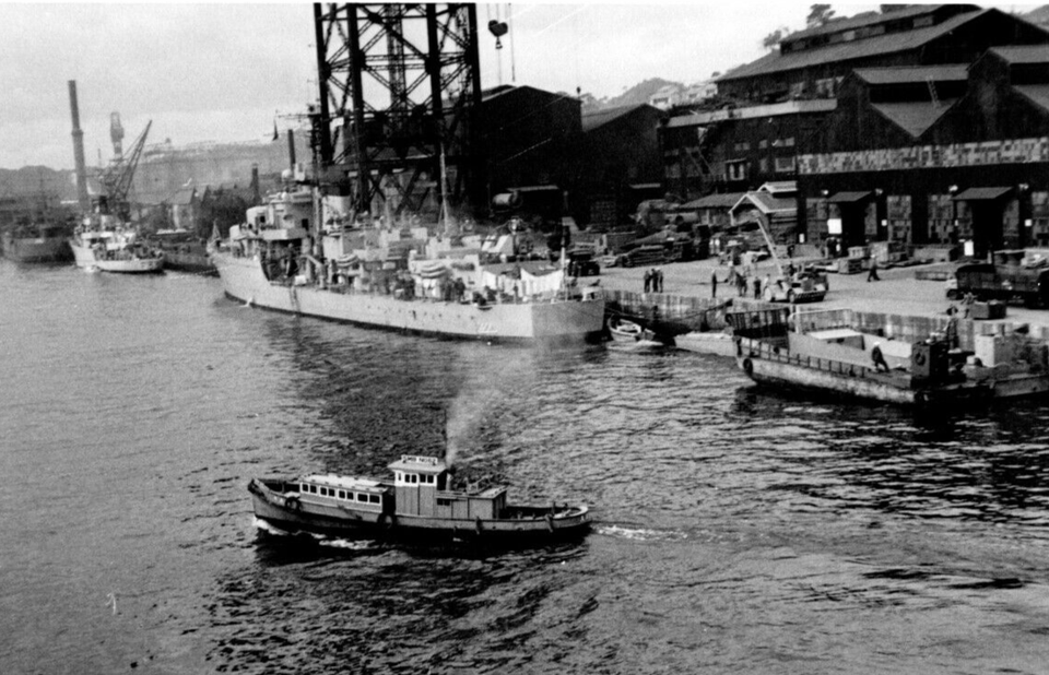 US Navy Ships Tug Cargo Sasebo Port Harbor Photo 1953 Korean War Vtg Snapshot | eBay