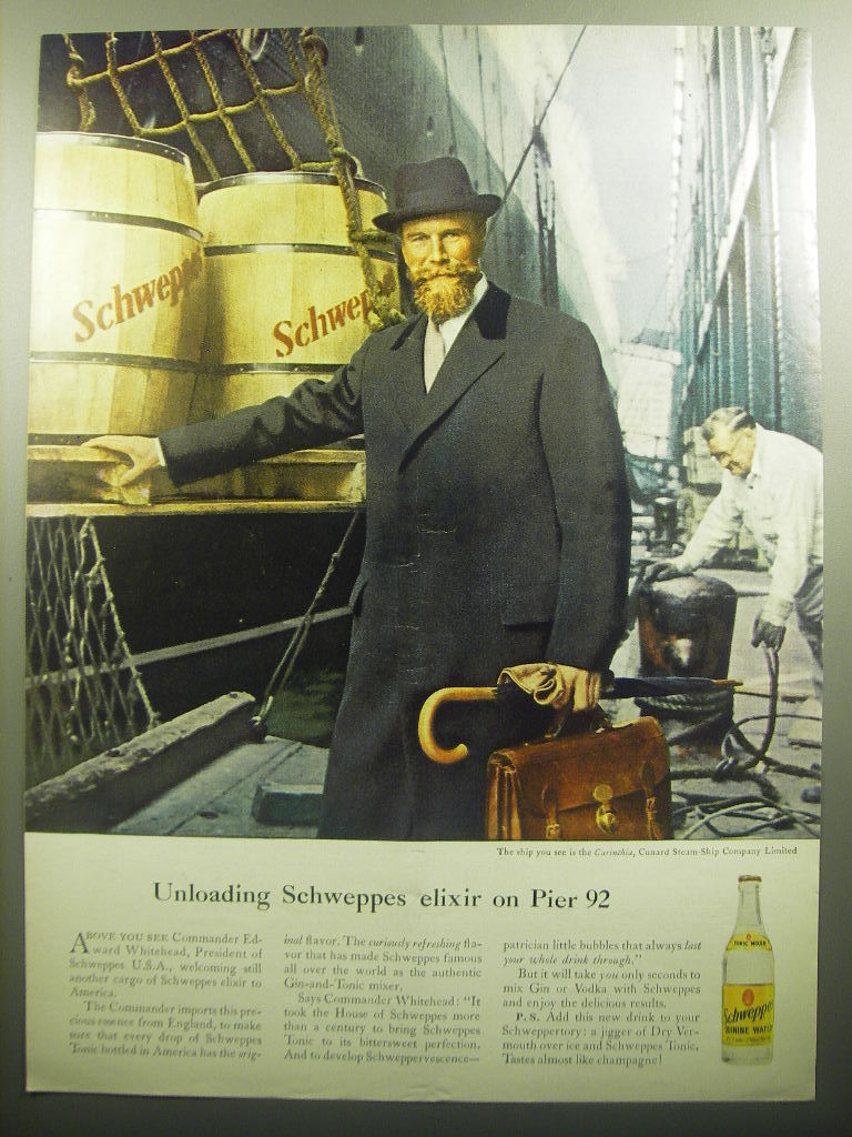 1958 Schweppes Tonic Water Ad - Unloading Schweppes elixir on Pier 92 ...