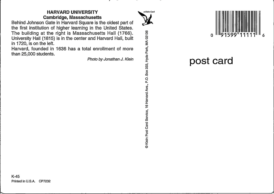Postcard Cambridge Massachusetts Harvard University With Students ...