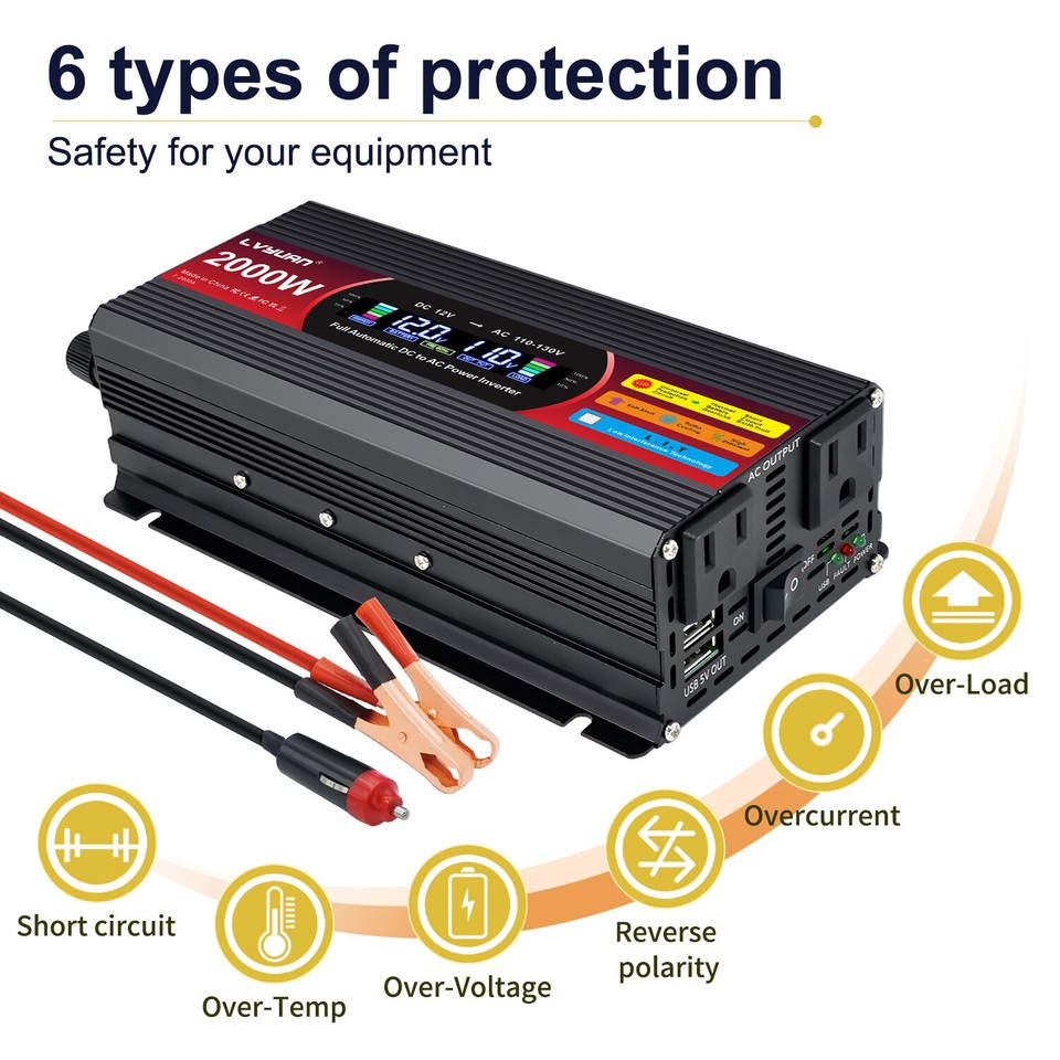1000W 2000W Car Power Inverter 12V to 110V 120V With LCD Display 2USB ...
