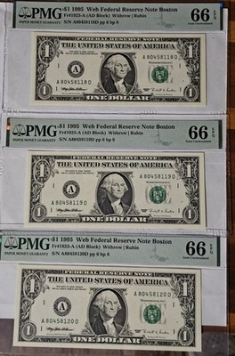 3 CONSECUTIVE 1995 WEB FEDERAL RESERVE NOTE BOSTON FR# 1923-A AD BLOCK ...