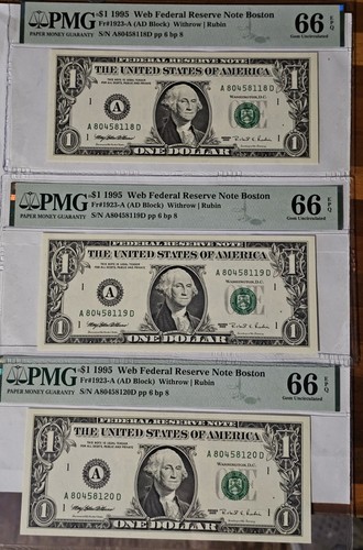 3 CONSECUTIVE 1995 WEB FEDERAL RESERVE NOTE BOSTON FR# 1923-A AD BLOCK ...
