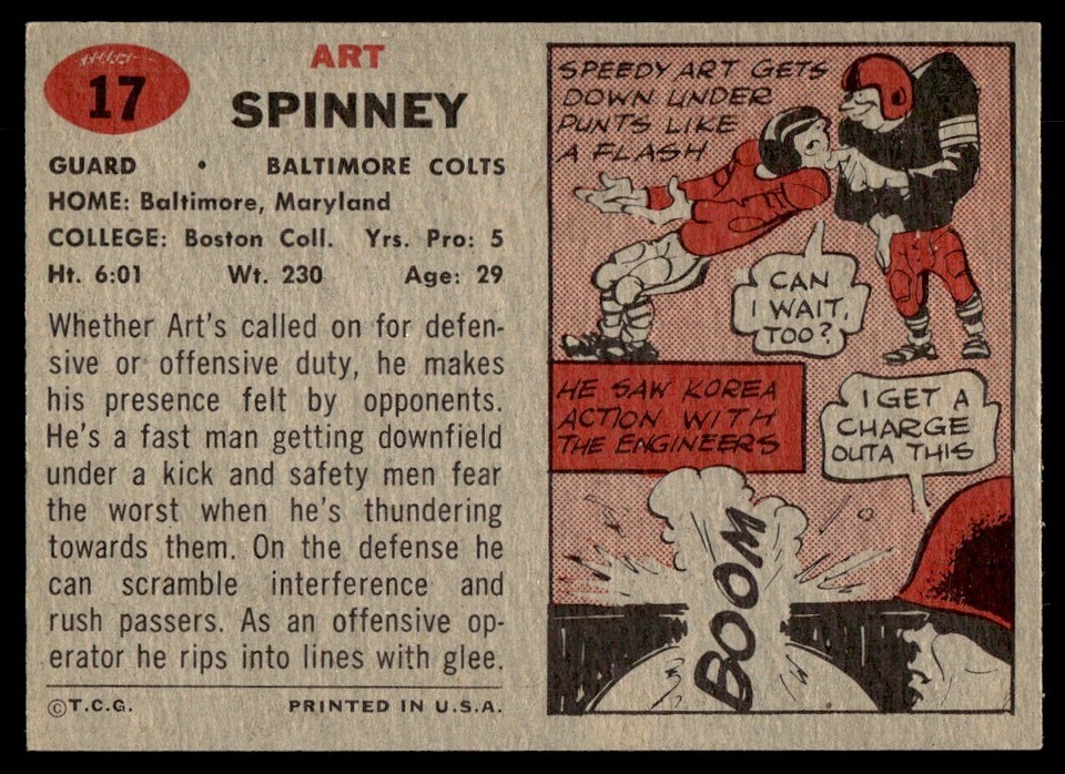1957 Topps Football Card Art Spinney Baltimore Colts #17 EX-MT | eBay