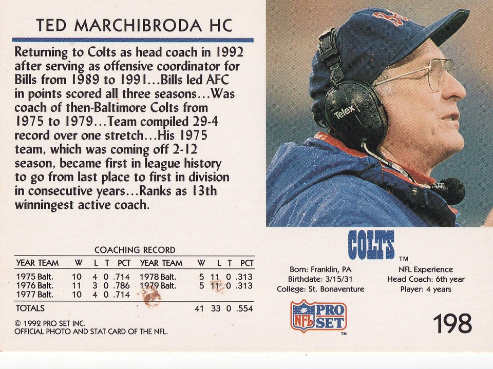 1992 Pro Set #198 Ted Marchibroda Indianapolis Colts + Yes 4 Free ...