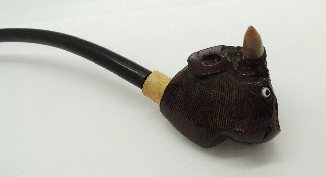 Carved Bull Head with Horns Smoking Pipe Long Stem Detailed Vintage | eBay