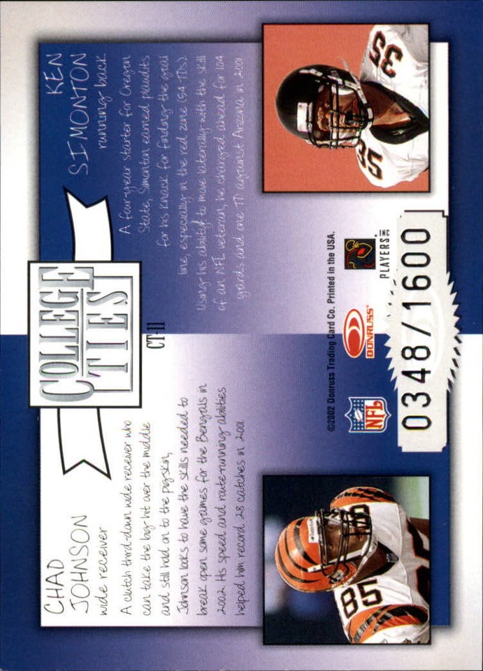 2002 Donruss Elite College Ties #CT11 Chad Johnson Ken Simonton /1600 ...