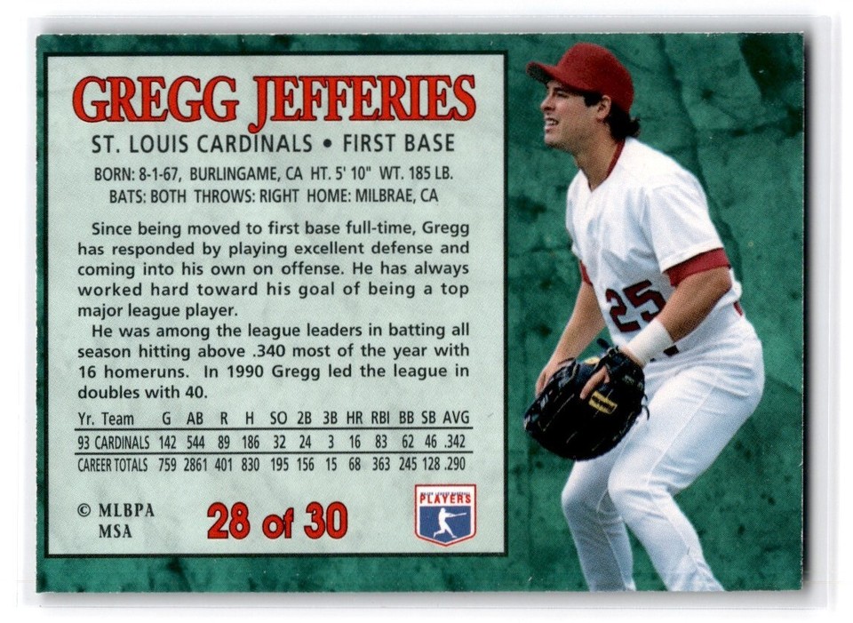 1994 Post Cereal Gregg Jefferies St. Louis Cardinals #28 | eBay