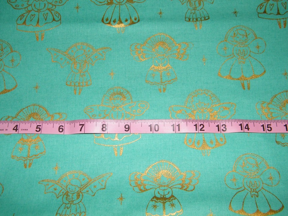 BTY Metallic Gold ANGELS on Teal/Aqua Print 100% Cotton Quilt Craft ...