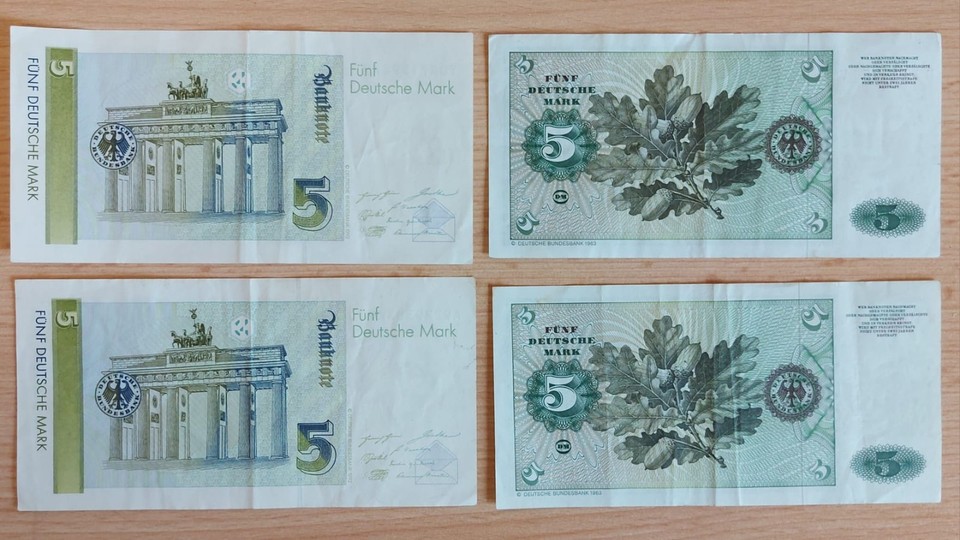 Vier Stück Fünf Deutsche Mark Schein 2x 01.01.1980 und 2x 1.8.1991 ...