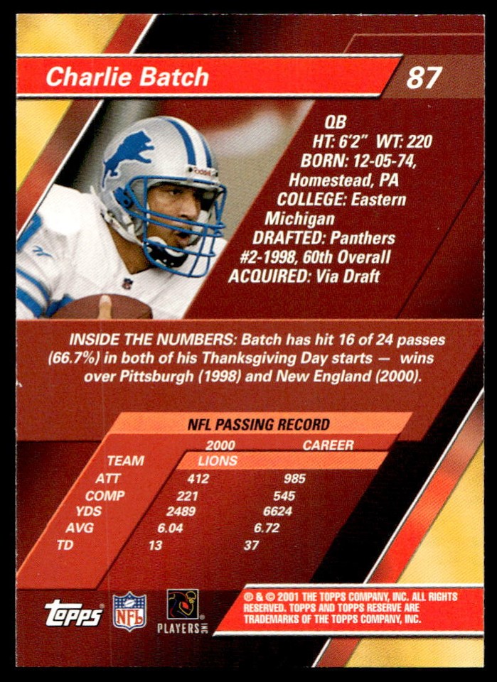 2001 Topps Reserve 87 Charlie Batch Detroit Lions Football Card | eBay