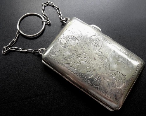 antique Edwardian EPNS SILVER foliage flower ring chain evening purse ...