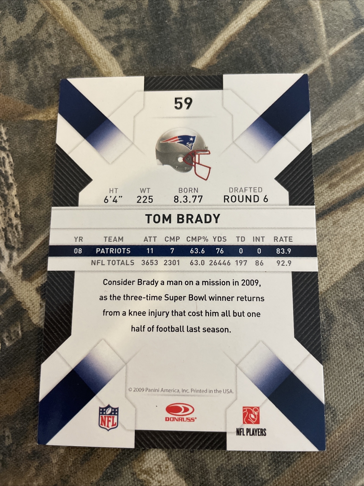 2009 Donruss Threads #59 Tom Brady Patriots Buccaneers THE GOAT PANINI ...