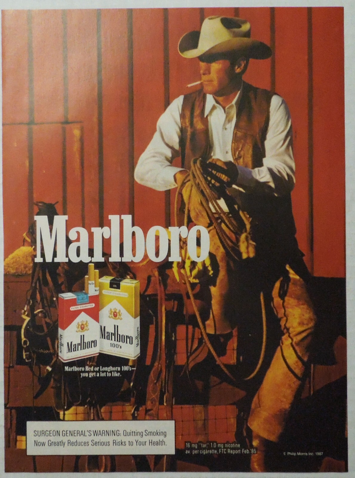 1987 MARLBORO Cowboy Marlboro Man Smoking Red Fence & Barn Magazine Ad ...