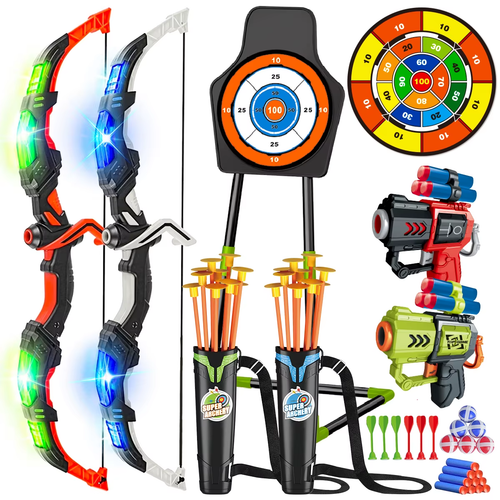2X Bow Arrow + Guns Toy for Kids Night-Light Archery Stand Target Board ...