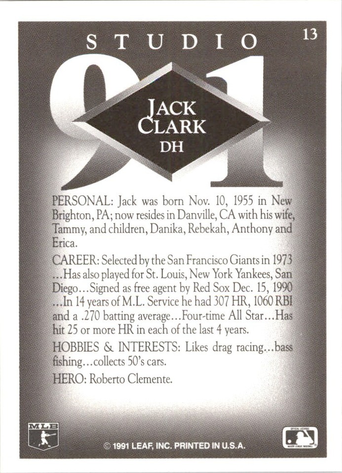 1991 Studio Jack Clark Boston Red Sox #13 Baseball Card | eBay