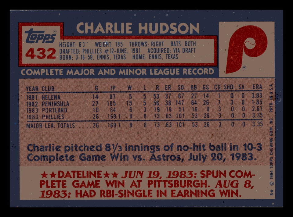 1984 Topps Charlie Hudson RC Rookie Philadelphia Phillies #432 NM-MINT ...