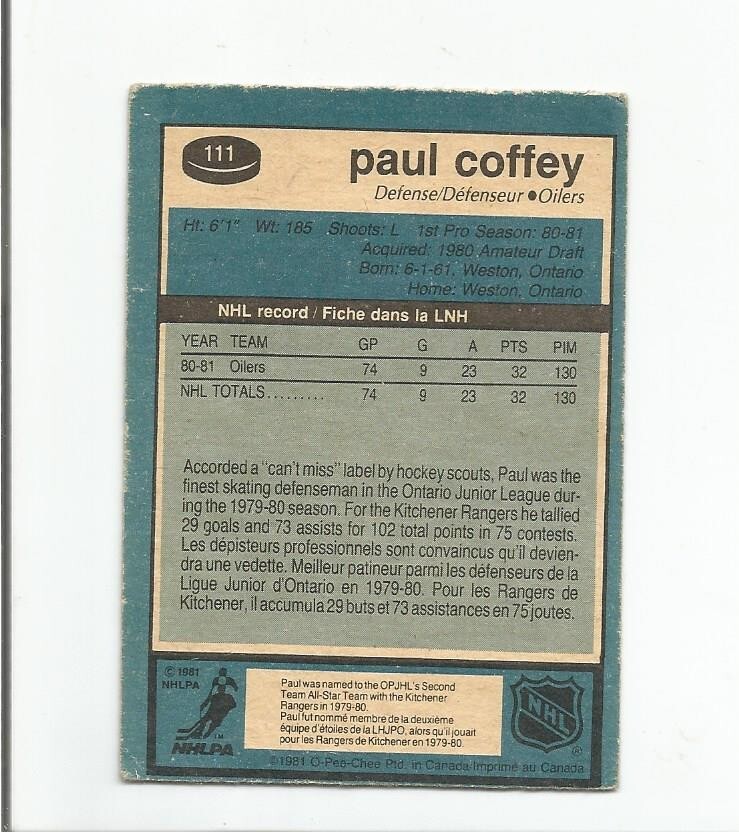 1984-85 PAUL COFFEY O-PEE-CHEE HOCKEY CARD #111 ROOKIE | eBay