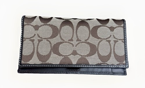 Coach Signature Brown Jacquard Checkbook Cover Holder Leather Interior ...