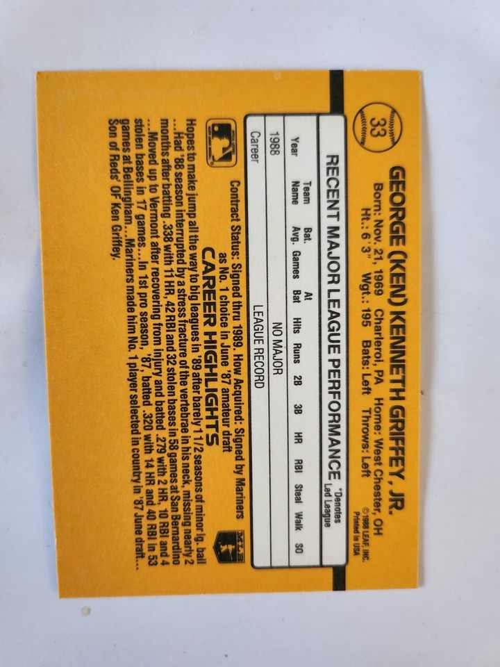 🔥RARE ERROR CARD-1989 Ken Griffey Jr Rookie Card Birthplace ERROR card ...