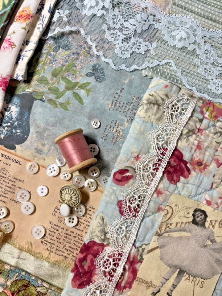 Vintage COTTAGE Styled Floral Fabrics, Trims, Ephemera Project Bundle ...