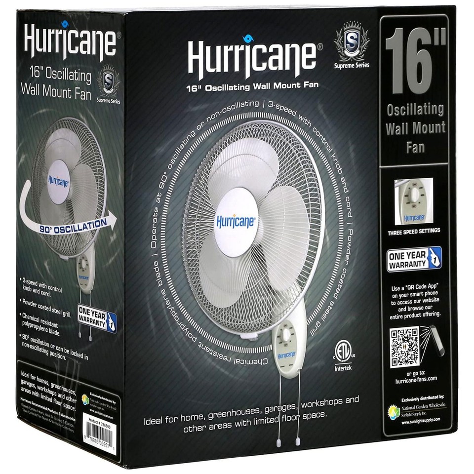 Hurricane Supreme 16 Inch 90 Degree Oscillating 3 Speed Wall Mounted ...