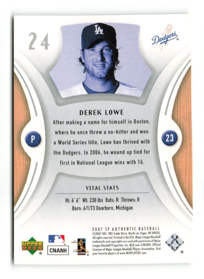 2007 SP Authentic Derek Lowe #24 Los Angeles Dodgers Baseball Card | eBay