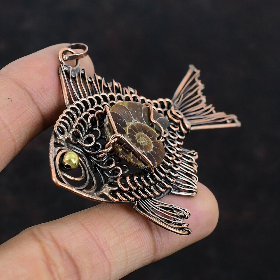 Gift For Her Ammonite Fossil Wire Wrapped Fish Pendant Copper Jewelry 2 ...