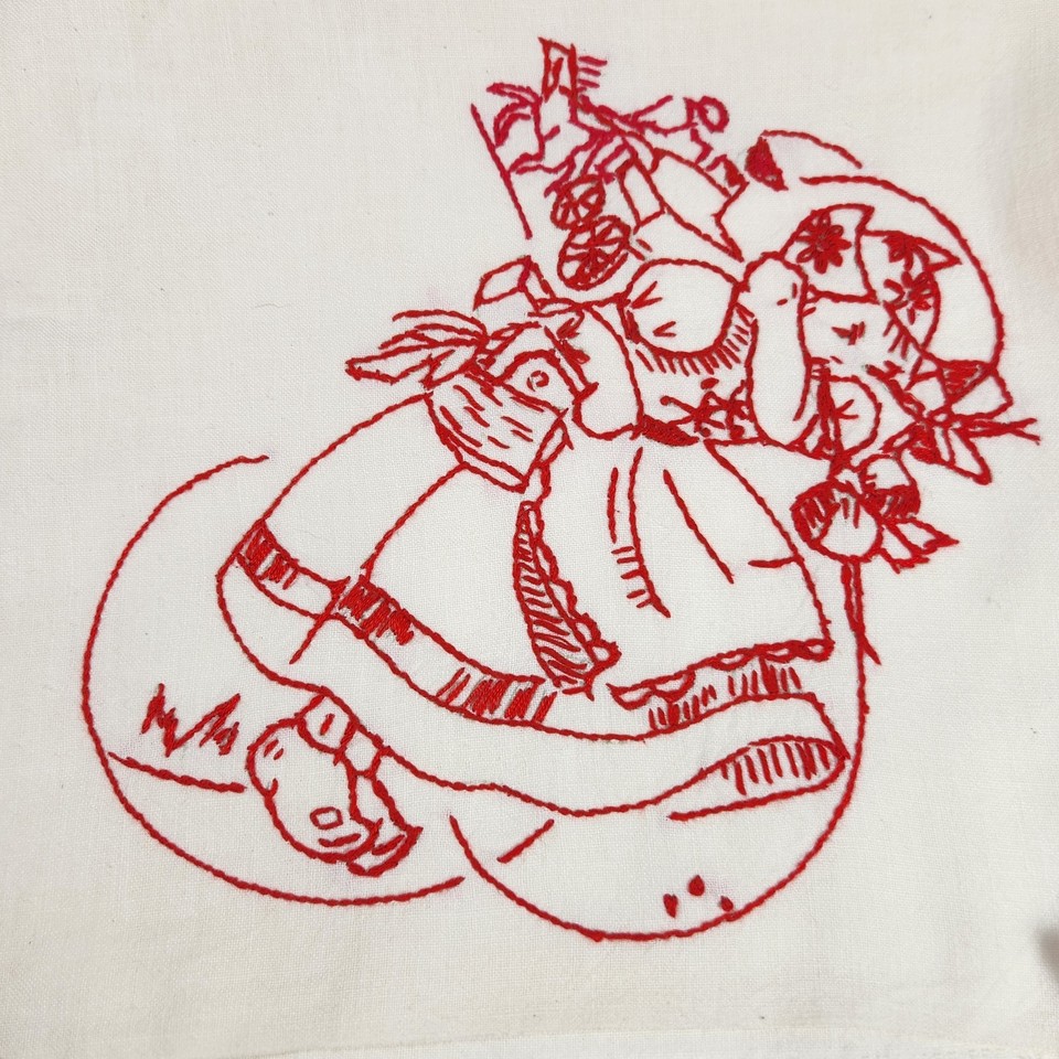 Vtg Hand Embroidered Redwork Dutch Girl Chores Kitchen Dish Towels (Lot ...