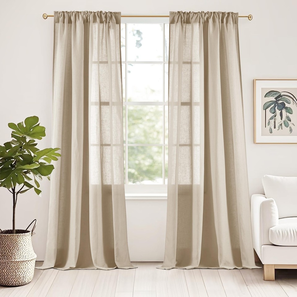 Flax Linen Curtains 96 Inch Length Breathable Semi Transparent Fall ...