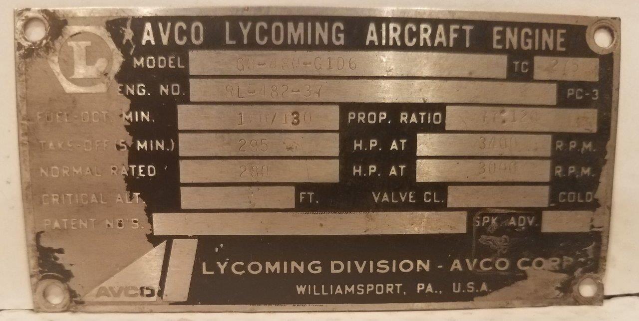 Avco Lycoming Aircraft Data Plate Model #G0-480-G1D6, Engine #RL-482-37 ...