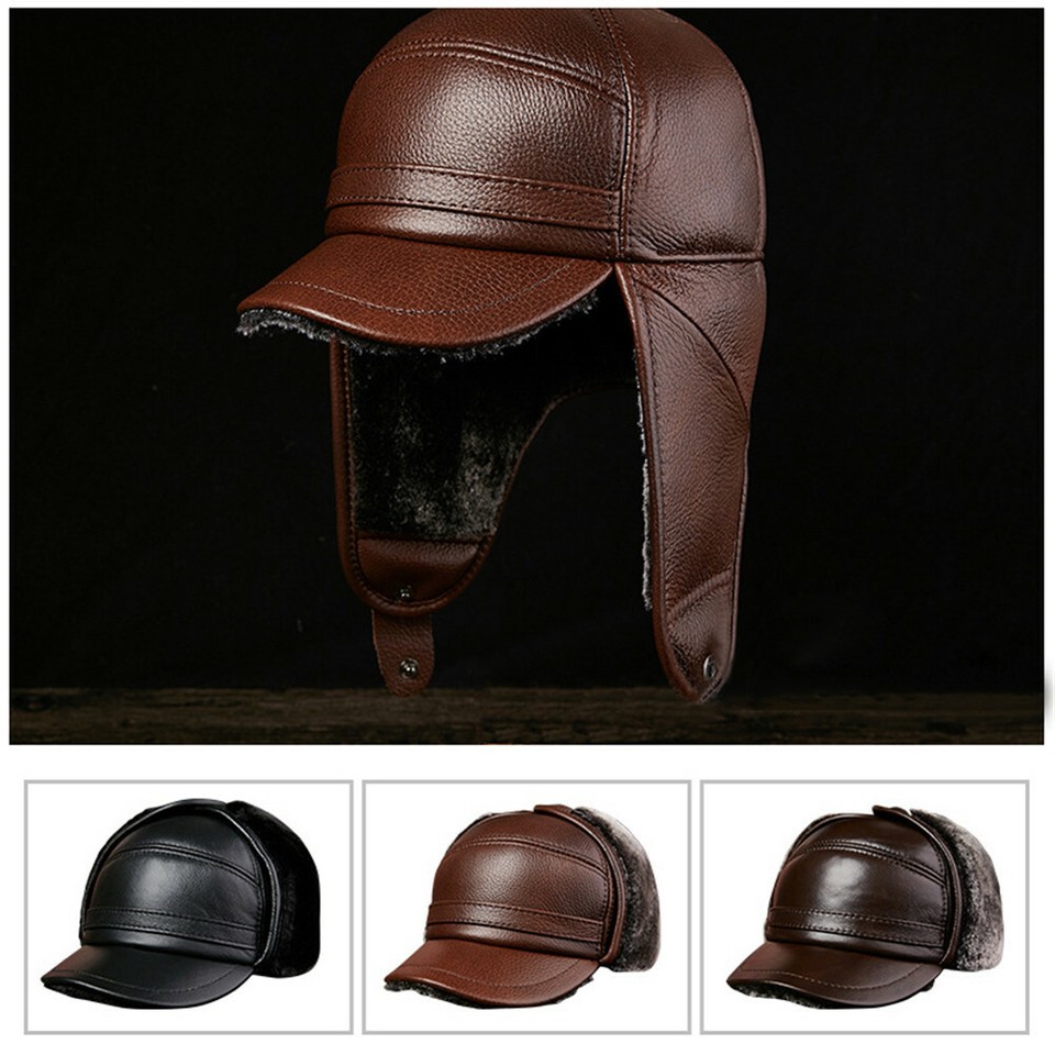 Men's Genuine Leather Winter Warm Trapper Warm Hat Baseball Cap Outdoor ...
