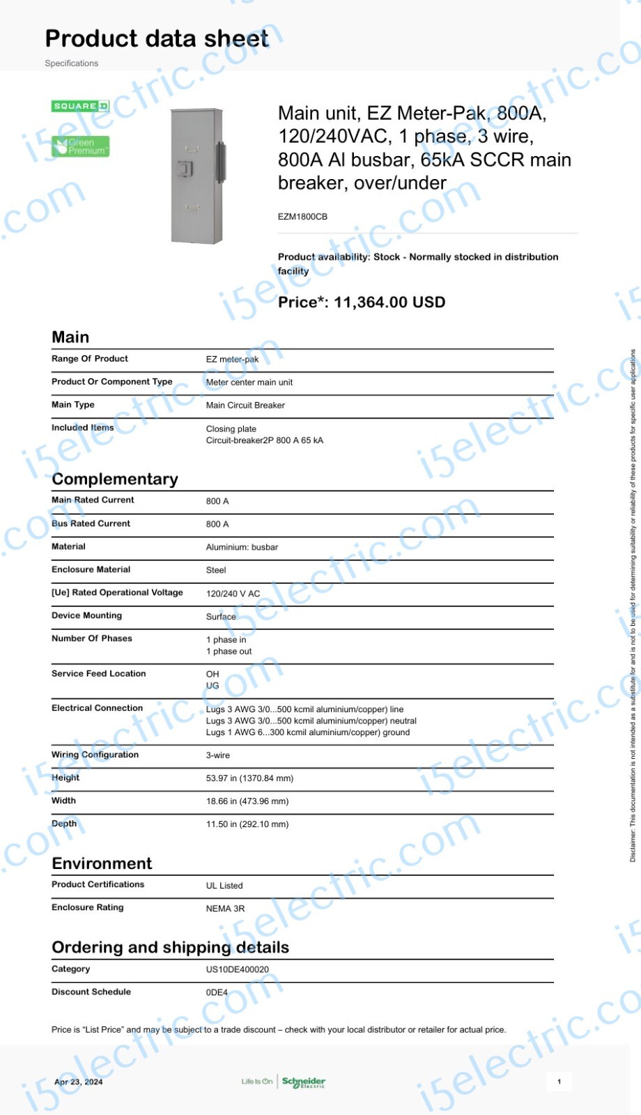 NEW SQUARE D EZM1800CB 800 AMP 1 PH EZM METER MAIN CIRCUIT BREAKER | eBay