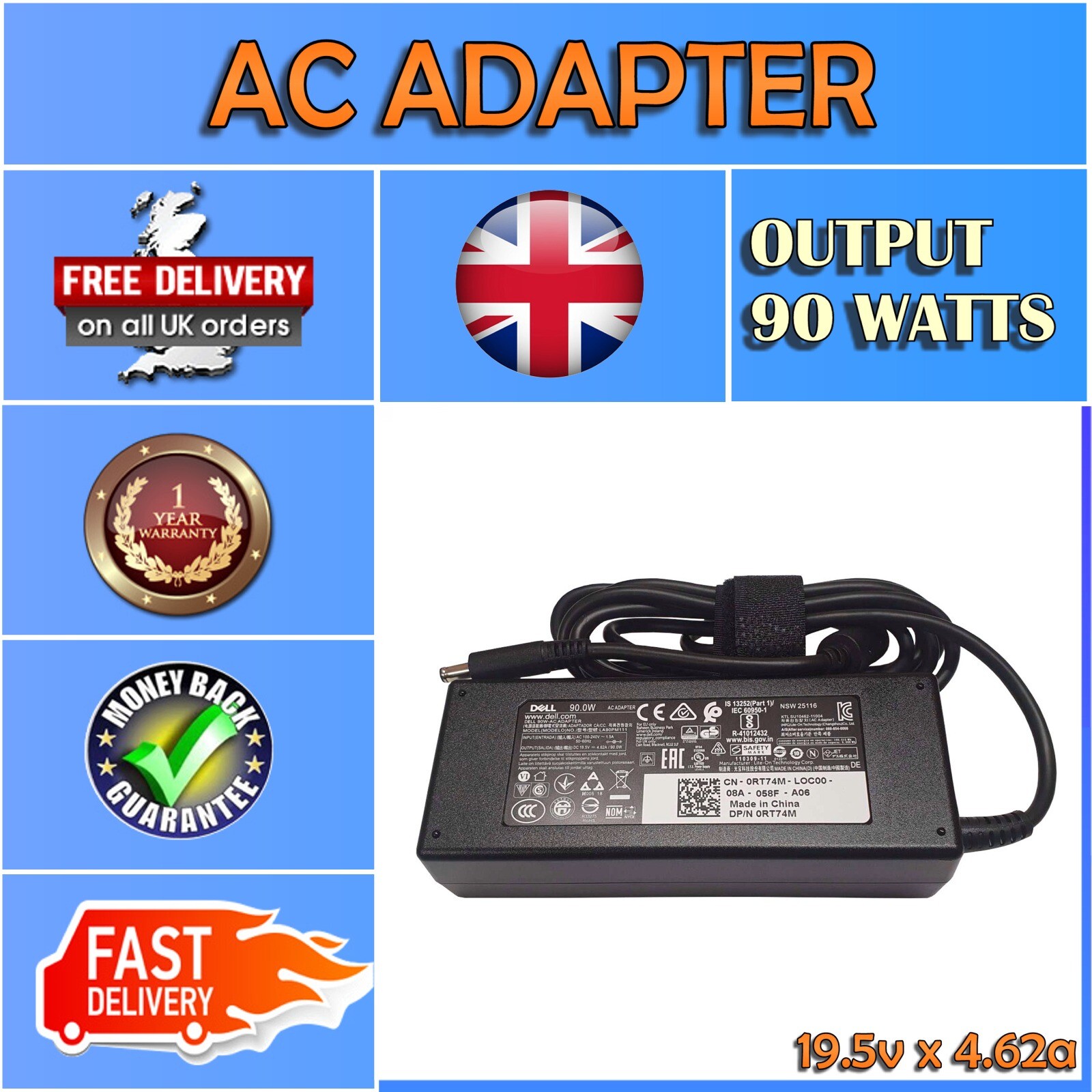 G6J41 Dell AC Adapter 65W 19.5V 3 Pin 4.5mm C6 Power Cord (Not incl ...
