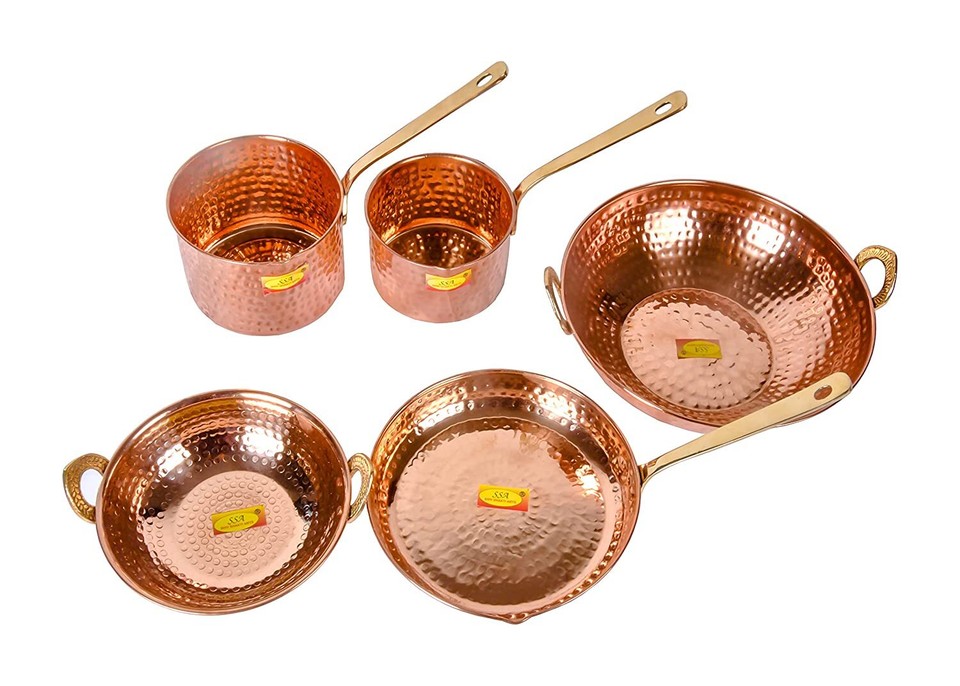 Pure Copper Cookware Set 5 Piece Set with Brass Handle for Cooking ...
