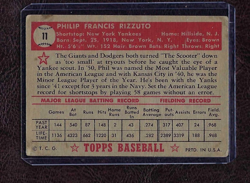 1952 Topps Baseball #11 Phil Rizzuto, New York Yankees, Red Back, HOF ...