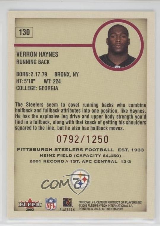 2002 Fleer Authentix Rookie Authentix /1250 Verron Haynes #130 Rookie ...