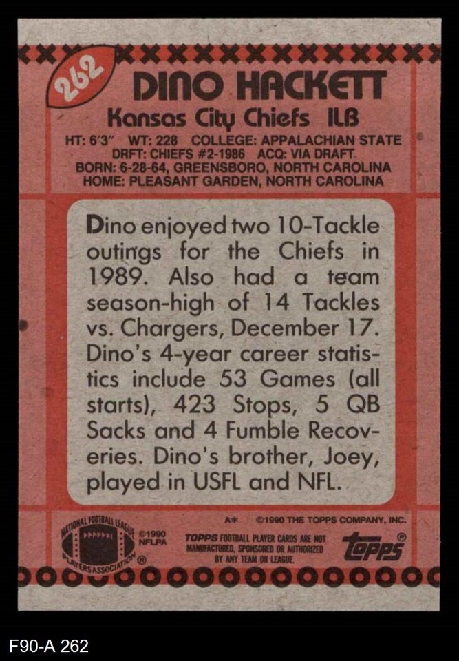 1990 Topps #262 Dino Hackett Chiefs Appalachian St 8 - NM/MT | eBay