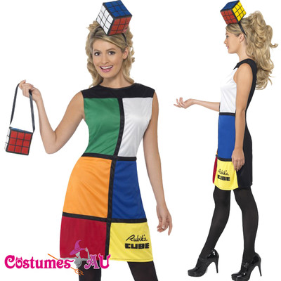Ladies Rubik's Cube Costume Rubiks 80s 1980 Rubix Fancy Dress ...