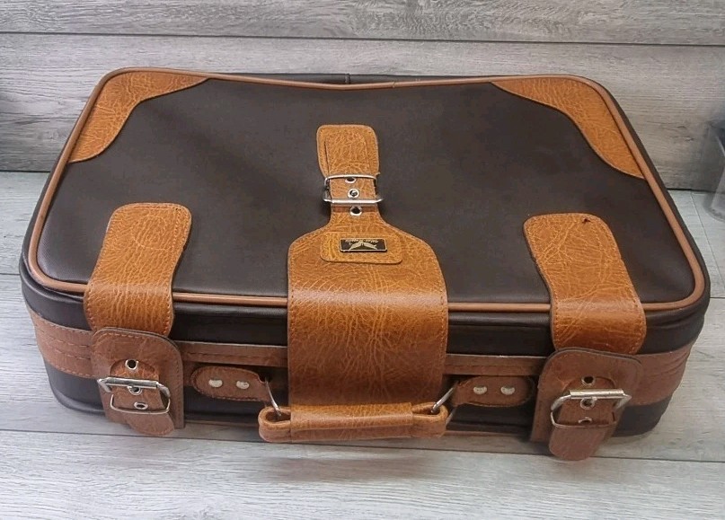 Mat Roselli Vintage Suitcase Leather Strapped Medium Black Brown Prop ...