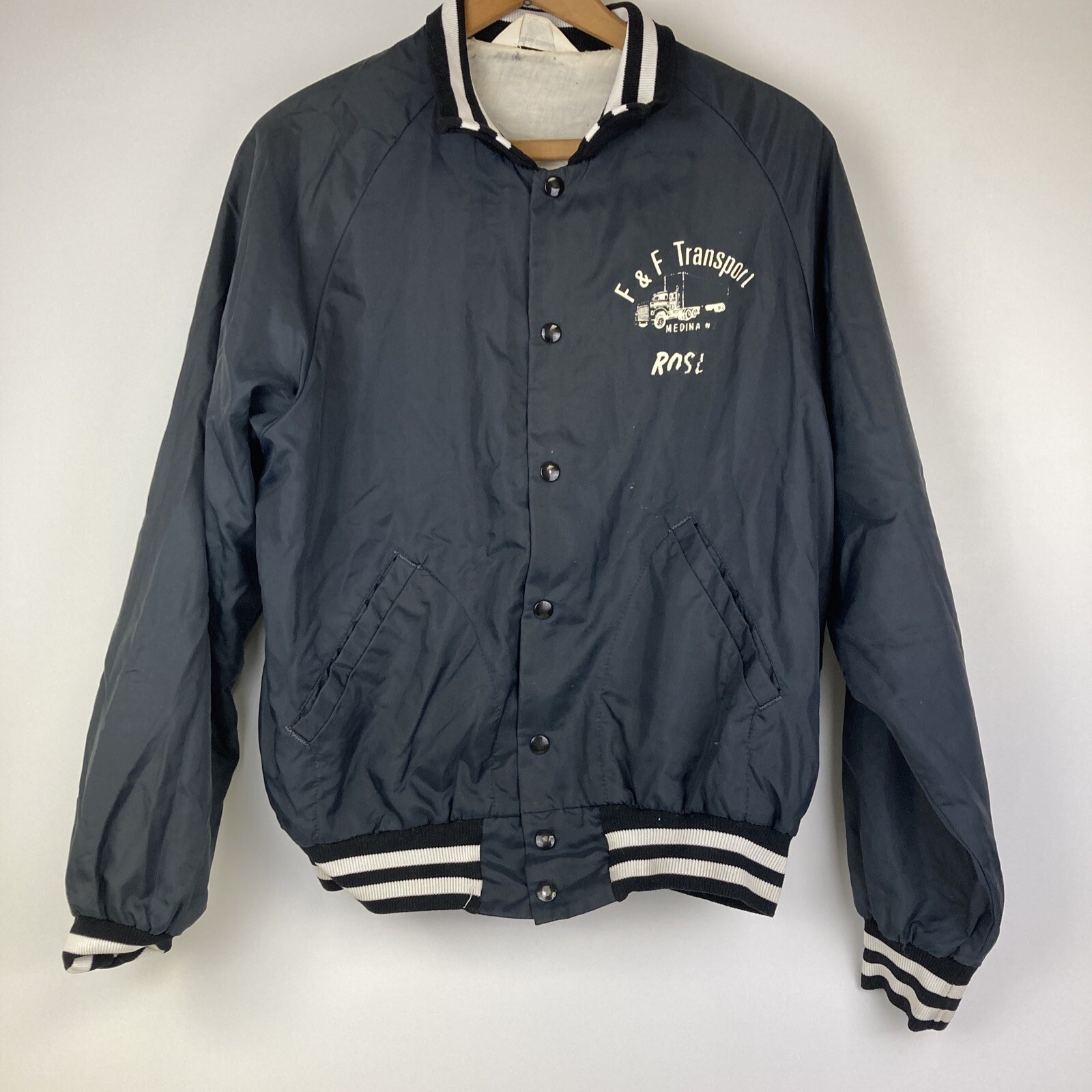 VTG Don Alleson Sz M Athletic Black Nylon Bomber Ringer Truck Tow ...