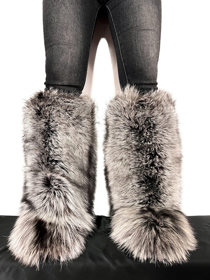 Silver Fox Fur Boots Double Sided Knee High Fur Winter Boots Indoor and ...
