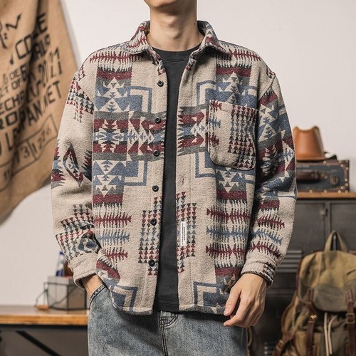 Men's Aztec Printed Flannel Shirt Jacket Winter Warm Long Sleeve XS-2XL ...