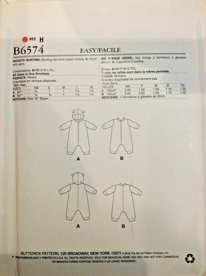 BUTTERICK SEE & SEW PATTERN #B6574 INFANTS' BUNTING -SIZE NBN-XLG | eBay