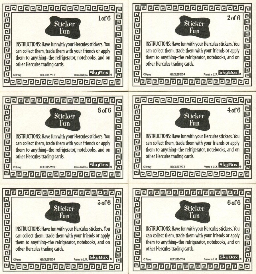 Hercules Disney Movie Sticker Chase Card Set 6 Sticker Cards Fleer ...
