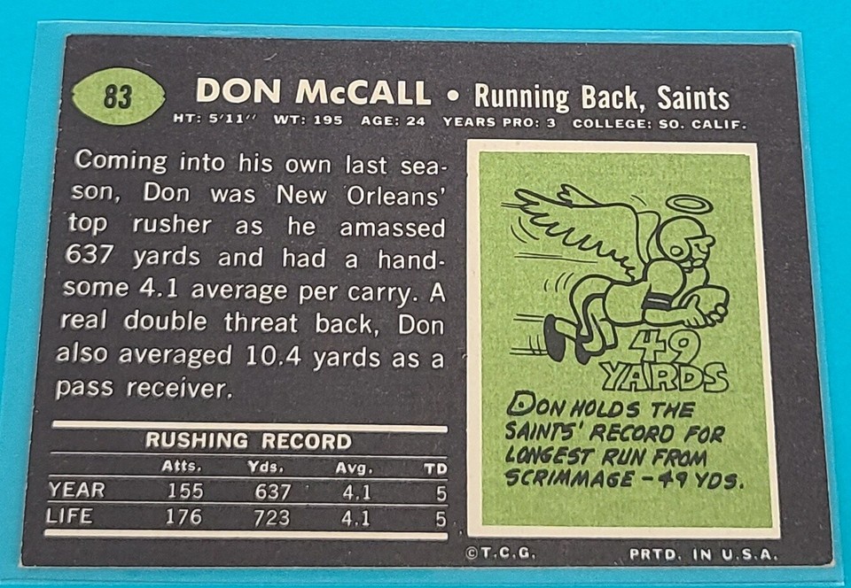1969 Topps RC #83 Don McCall New Orleans Saints Football Card S5 | eBay